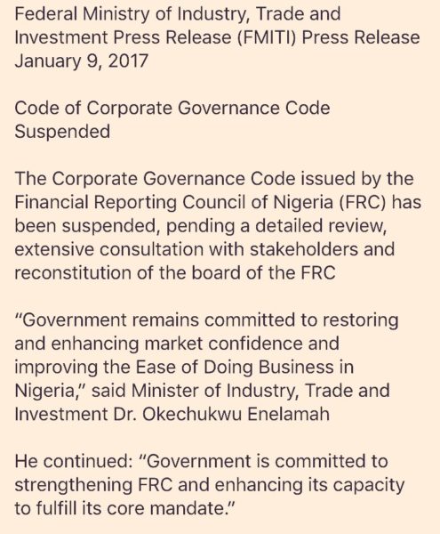 FG Suspends Implementation of FRCN's "Corporate Governance Code ...