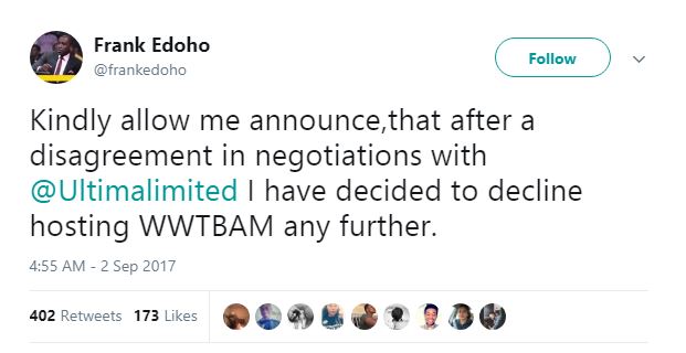 Frank Edoho announces he will no longer host game show "Who Wants to be ...