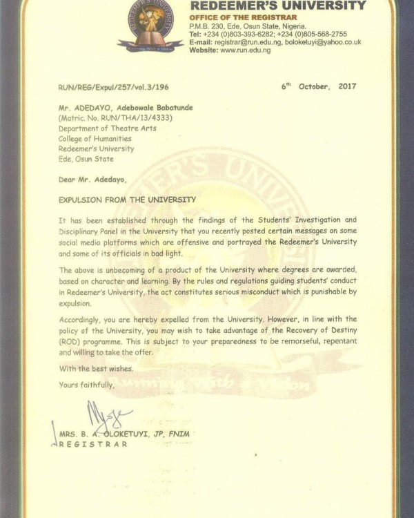 Final Year Student expelled from Redeemer's University just before ...