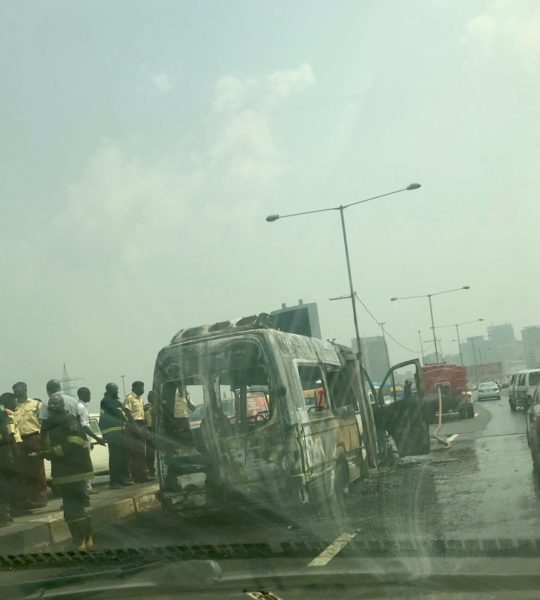 Bus catches Fire on Eko Bridge, Lagos | BellaNaija