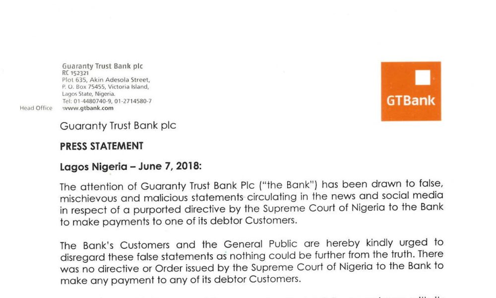 GTBank releases Official Statement regarding Purported Directive by ...