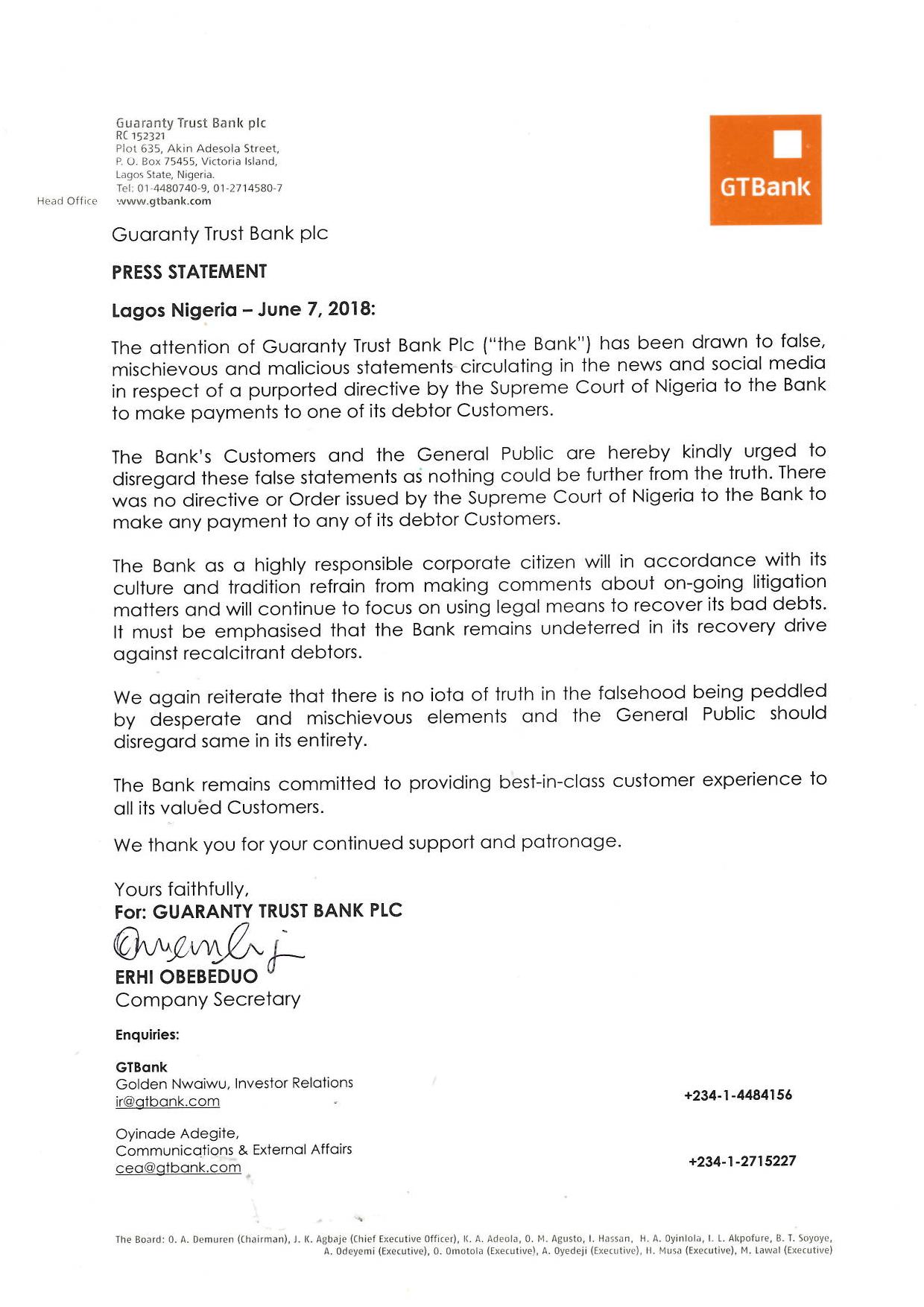 GTBank releases Official Statement regarding Purported Directive by ...