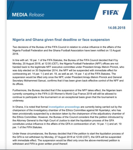 FIFA gives Nigeria, Ghana ultimatums over "undue influence" on their ...