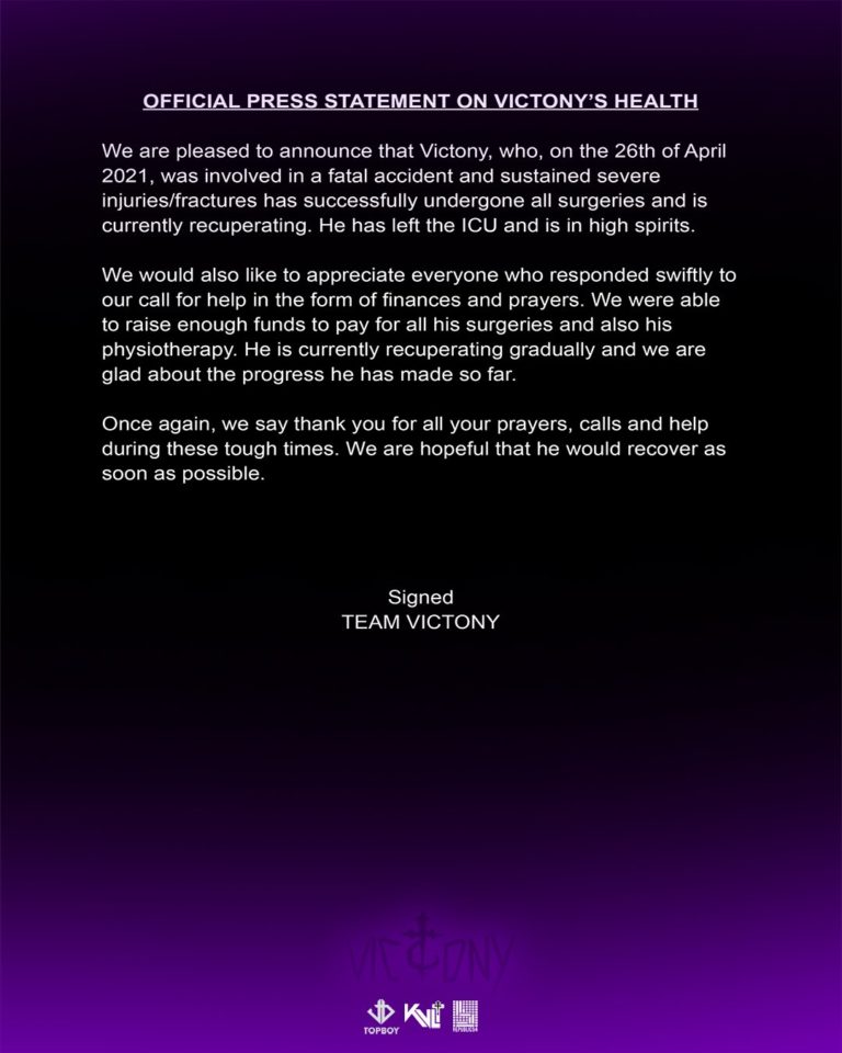 Victony's Team says He has "Successfully Undergone All Surgeries & is ...