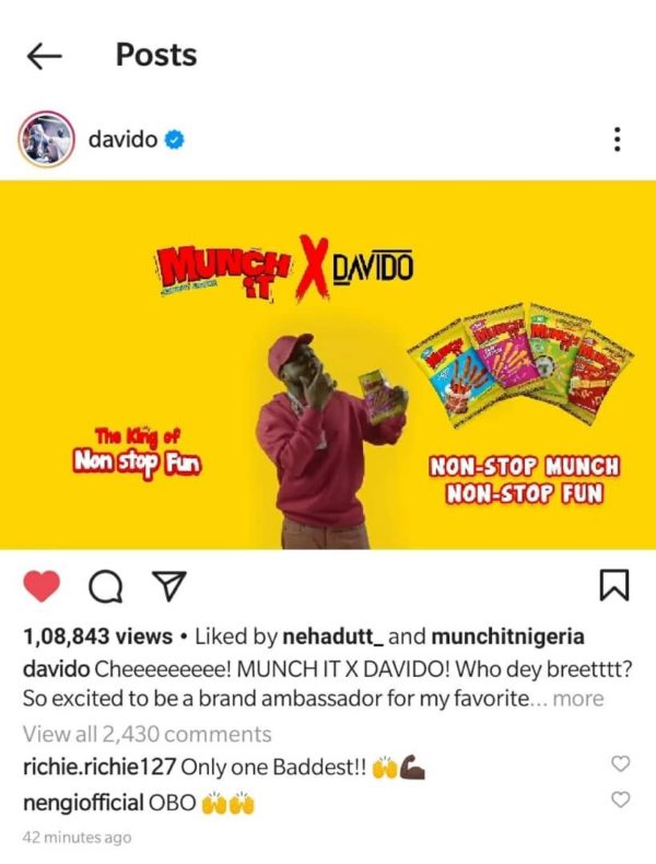 Davido's Favourite Snack is MUNCH IT! Superstar is brand's new ...